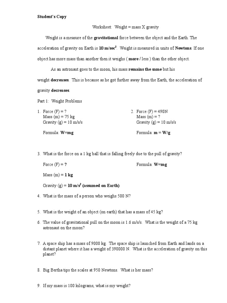 Student Gravity Worksheet | PDF