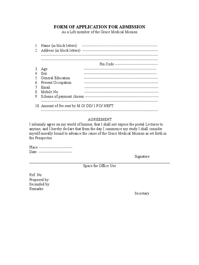 Form of Application For Admission | PDF