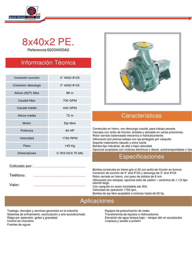 Ficha Tecnica 62034000A2 | Bomba | Tecnología (general)