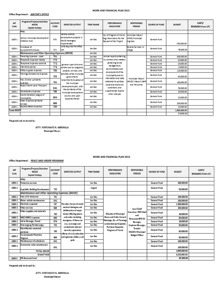 Work and Financial Plan | Mayor | Expense