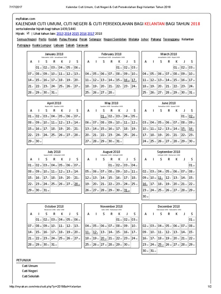Kalendar Cuti Umum, Cuti Negeri & Cuti Persekolahan Bagi Kelantan Tahun 2018 | PDF
