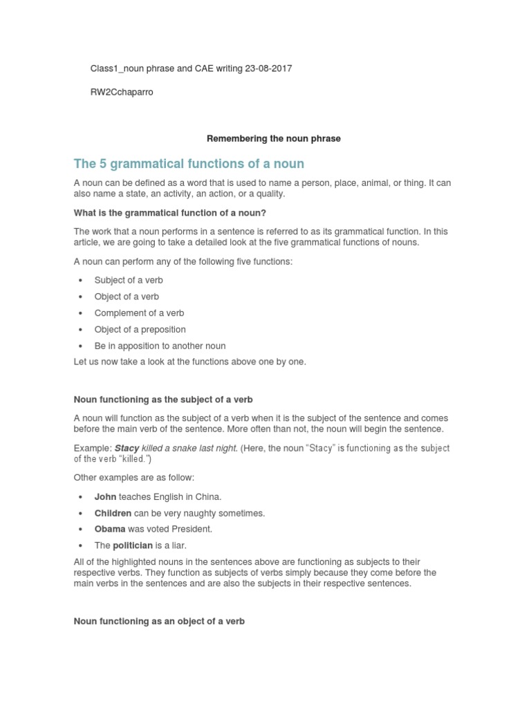Class 1 Noun Phrase Writing Cae Texts | PDF | Noun | Preposition And ...