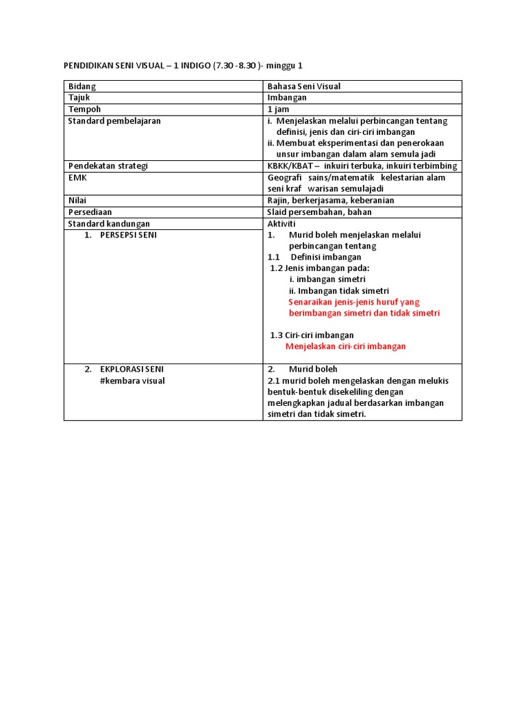 Contoh RPH Imbangan Minggu 1 | PDF