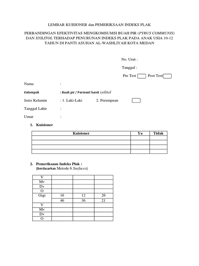 Lembar Kuisioner Dan Pemeriksaan Indeks Plak | PDF