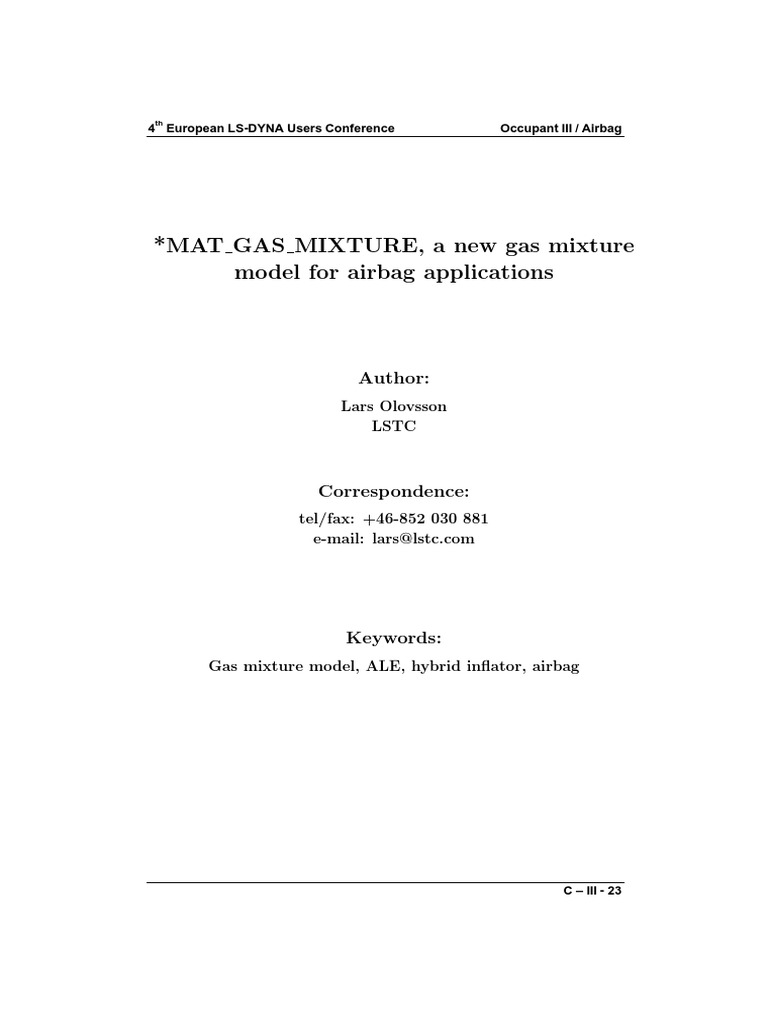 Mat Gas Mixture Lsdyna | PDF | Gases | Airbag