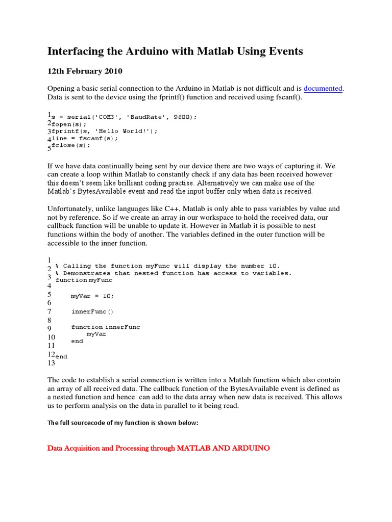 Interfacing The Arduino With Matlab Using Pdf Matlab Arduino