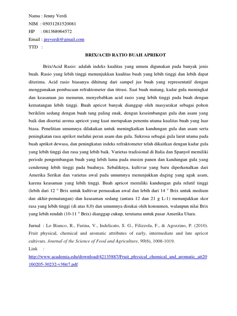 Brix Acid Ratio Apricot | PDF