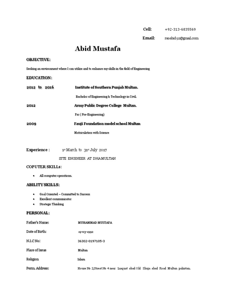 Abid Mustafa: Cell: Email | PDF | Career & Growth
