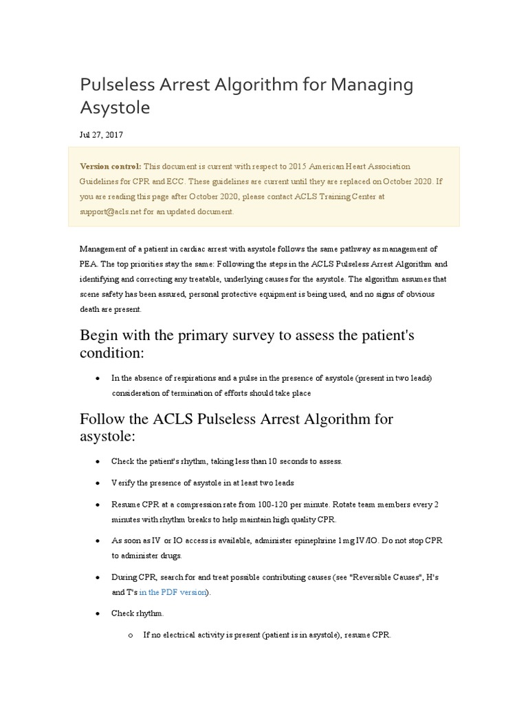 ACLS PEA Asystole Algorithm | PDF | Cardiopulmonary Resuscitation ...
