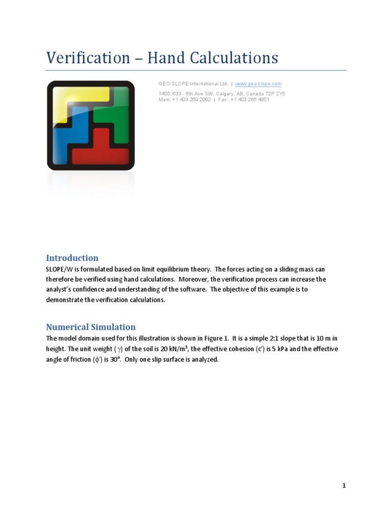 Verification - Hand Calculations Slope Stability | PDF | Analysis ...