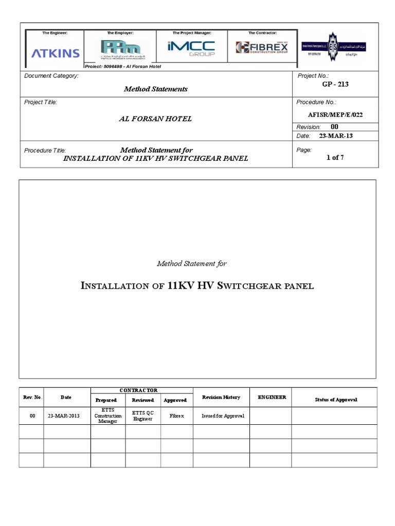 Method statement Installation of 11kv Hv Switchgear Panel ...