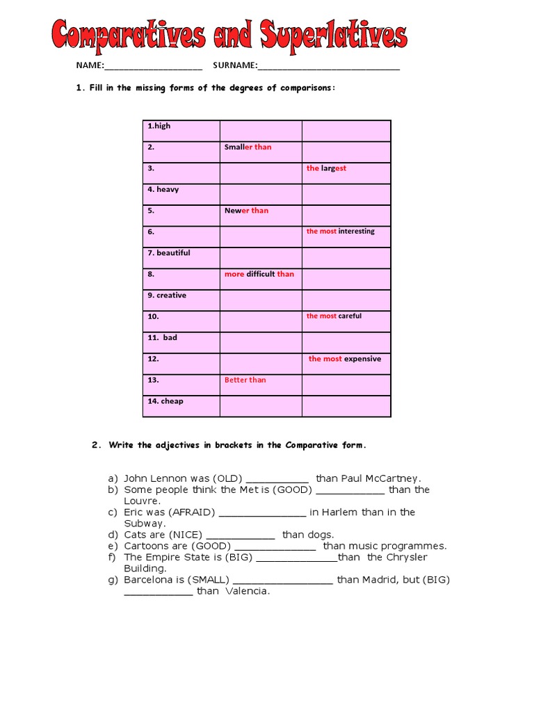 Comparative and Superlative Exercises | PDF | Grammar | Language Mechanics