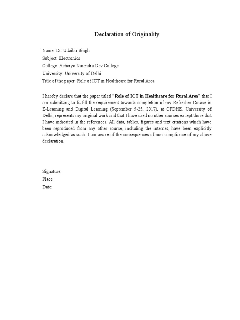 Declaration of Originality for Research Paper | PDF