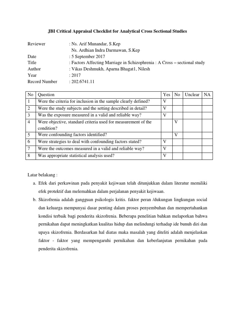 JBI Critical Appraisal PAk Ardhian Dan Pak Arif Checklist For Analytical Cross Sectional Studies ...
