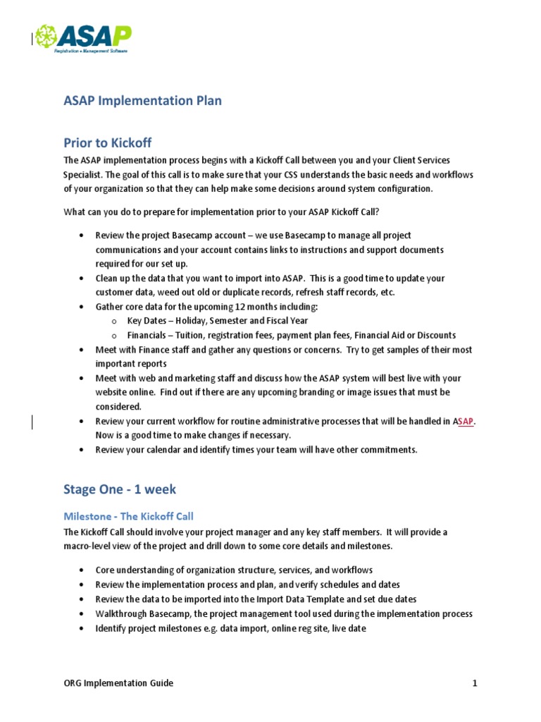 ASAP Implementation Plan Prior To Kickoff: Milestone - The Kickoff Call | PDF | Domain Name ...
