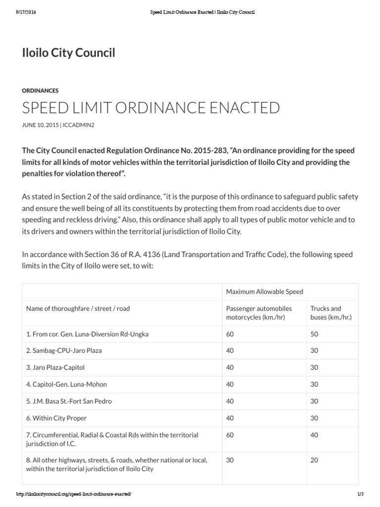 Speed Limit Ordinance Enacted: Iloilo City Council | PDF | Local ...