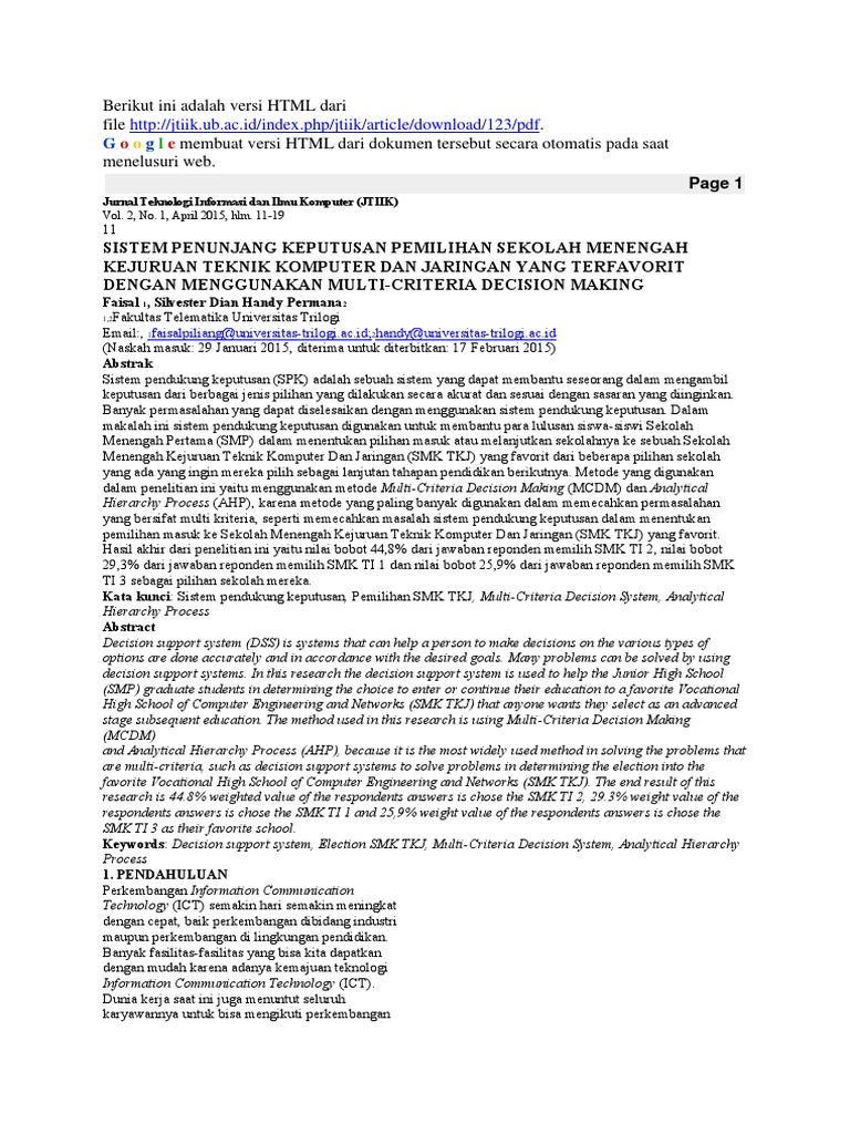 Jurnal Sistem Penunjang Keputusan | PDF