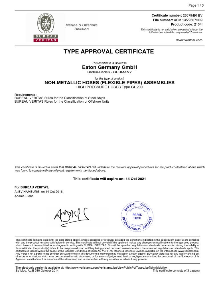 Type Approval Certificate for High Pressure Hoses | PDF | Petroleum ...