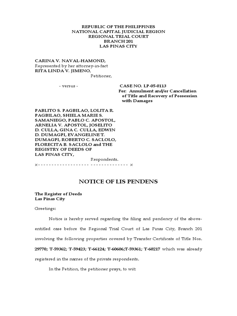 Notice of Lis Pendens - Sample | PDF | Social Institutions | Social Science