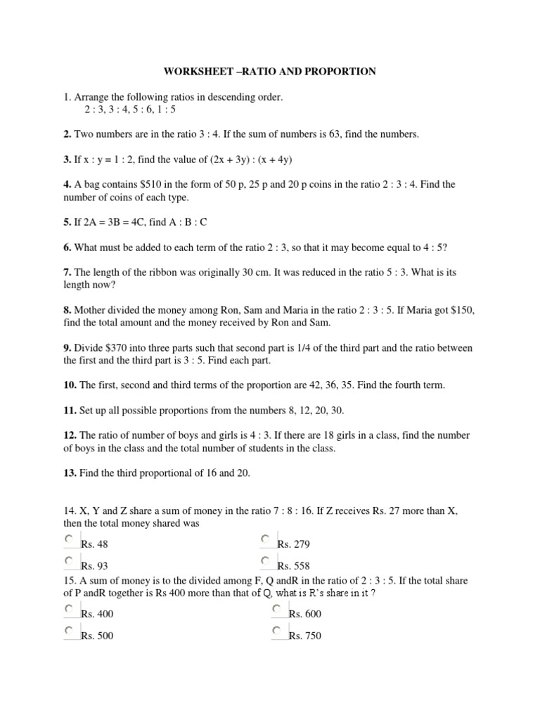Ratio and Proportion Worksheet | PDF | Ratio | Teaching Mathematics