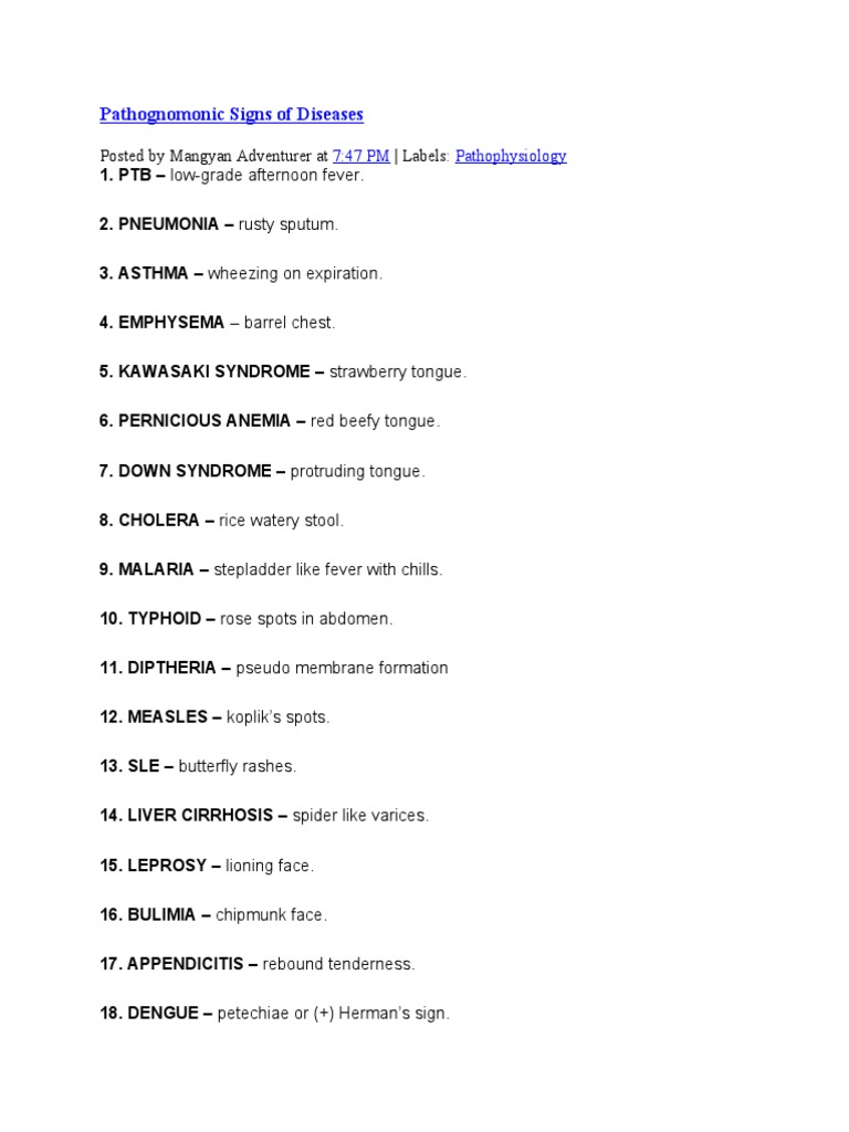 Pathognomonic Signs of Diseases List | PDF