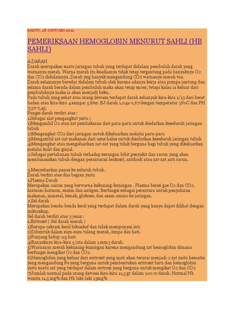 Pemeriksaan Hemoglobin Sahli | PDF
