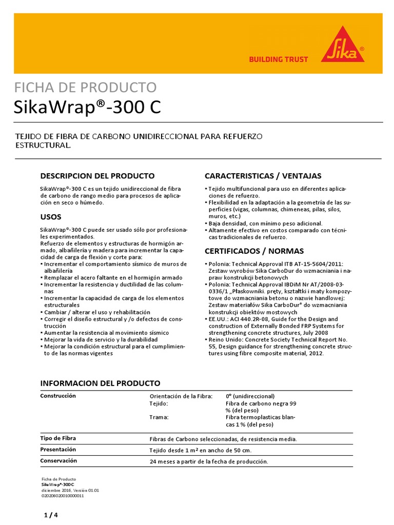 SikaWrap 300 C | PDF | Hormigón | Materiales