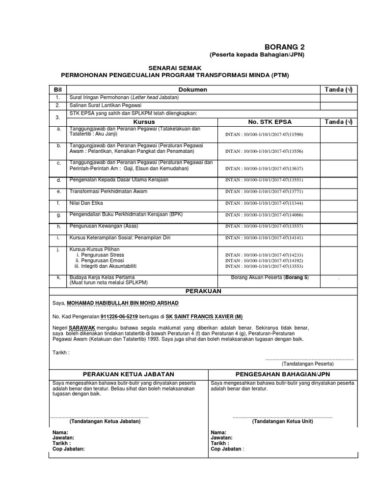 Borang Yang Perlu Diisi (PTM) - 1 | PDF
