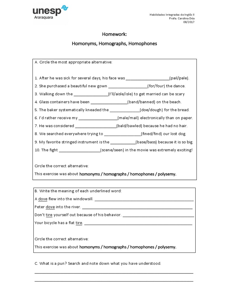Homework - Homonyms, Homographs, Homophones | PDF | Language Mechanics ...