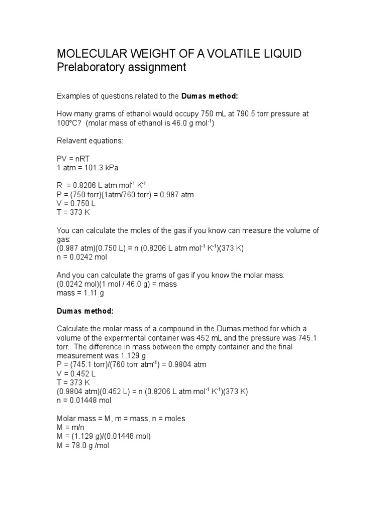 AP Exp 3 Dumas Method Determination of The Molar Mass of A Volatile ...