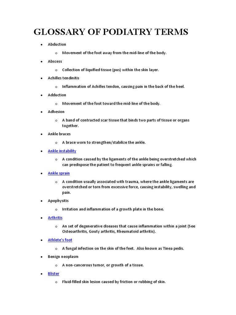 Podiatry Terms and Definitions Glossary | PDF | Toe | Foot