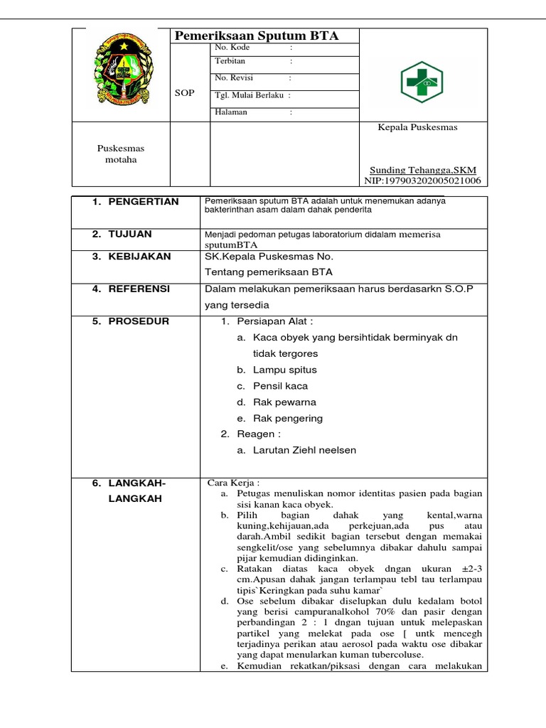 Prosedur Pemeriksaan Sputum BTA | PDF