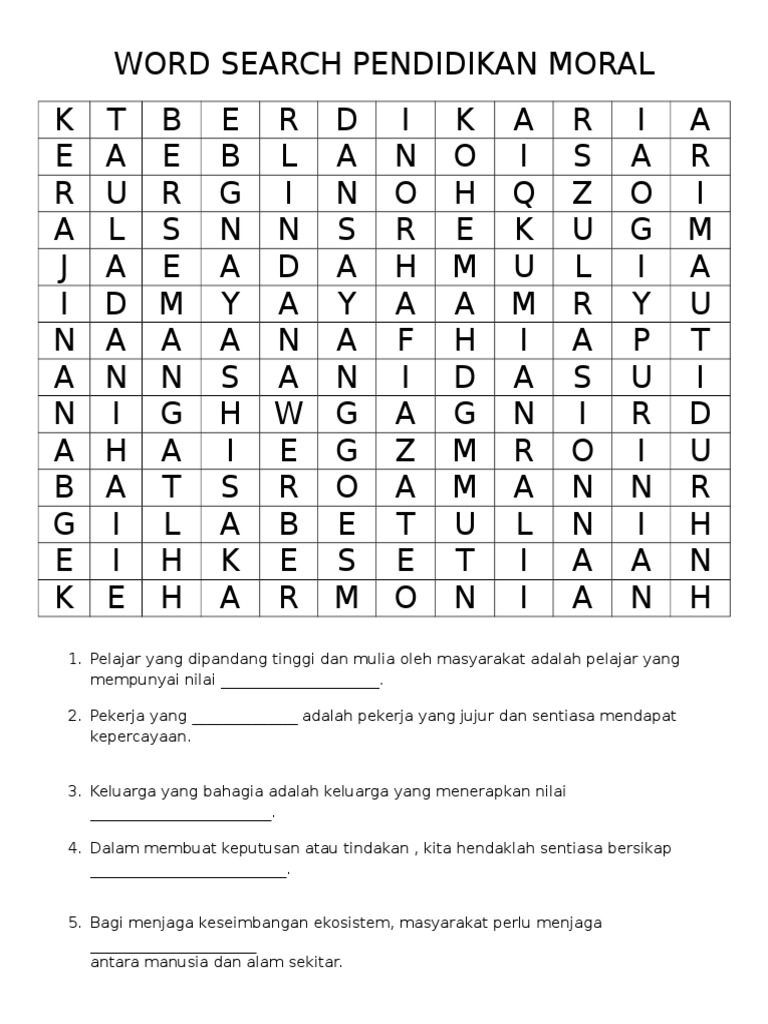 Word Search Pendidikan Moral | PDF
