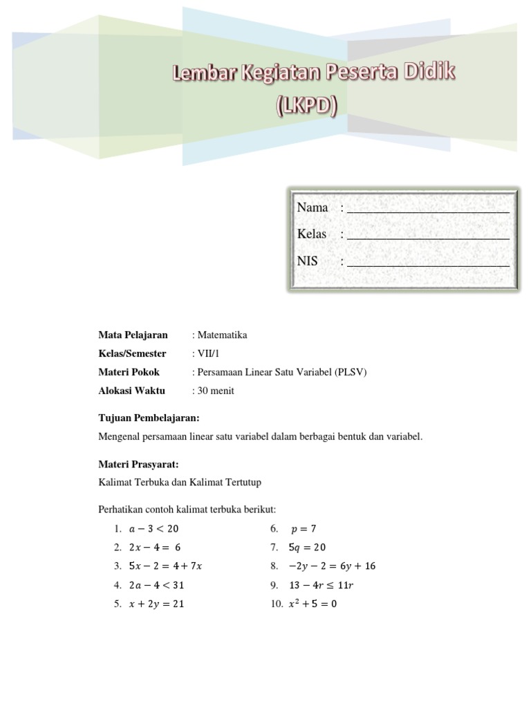 LKPD1 Persamaan Linear Satu Variabel | PDF
