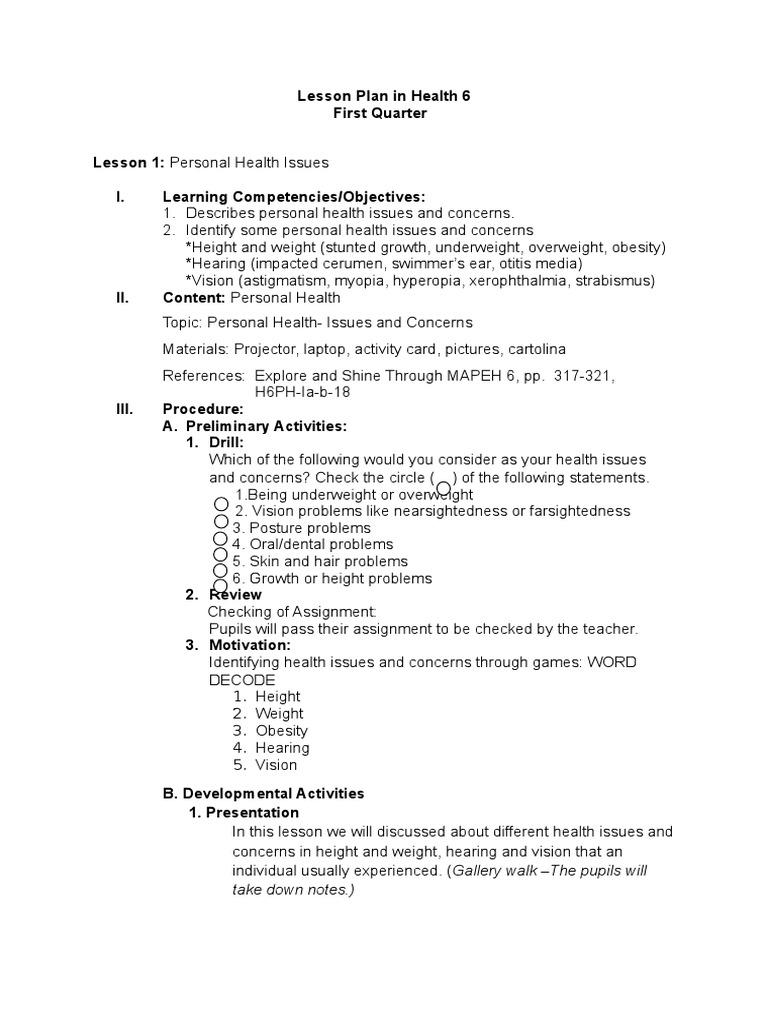 Personal Health Issues Lesson Plan | PDF | Lesson Plan | Obesity
