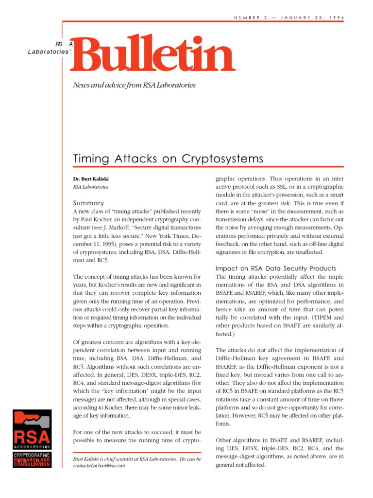 Bulletin: Timing Attacks On Cryptosystems | PDF | Key (Cryptography) | Cryptography