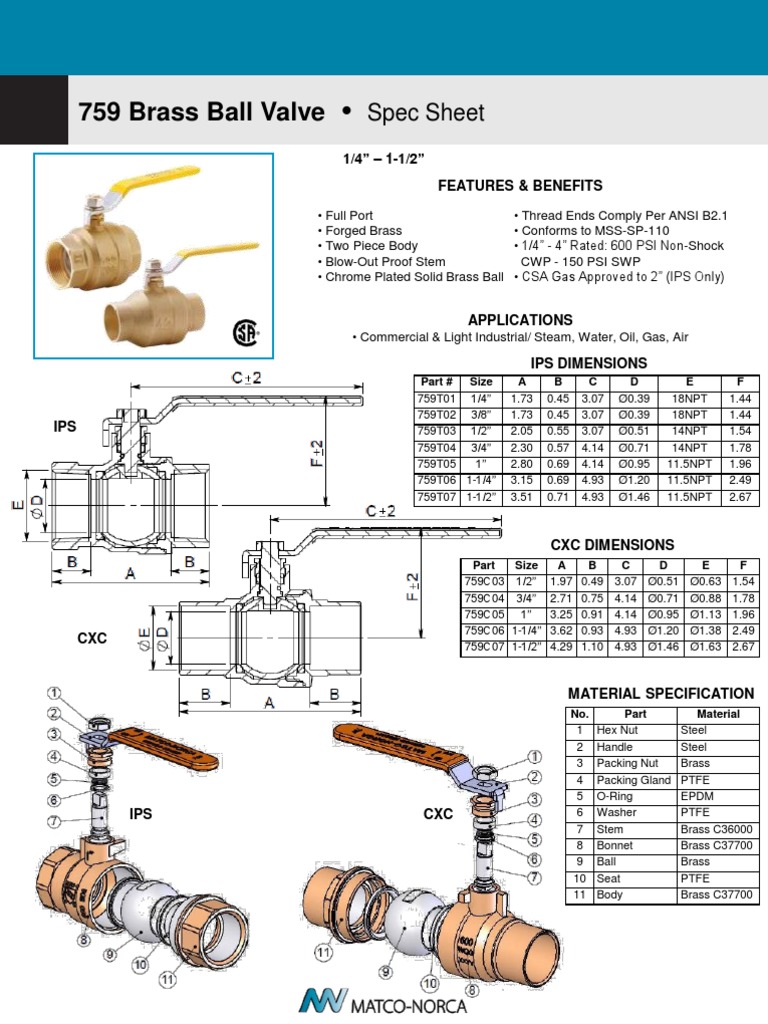 759 Brass Ball Valve: Spec Sheet | PDF | Valve | Liquids