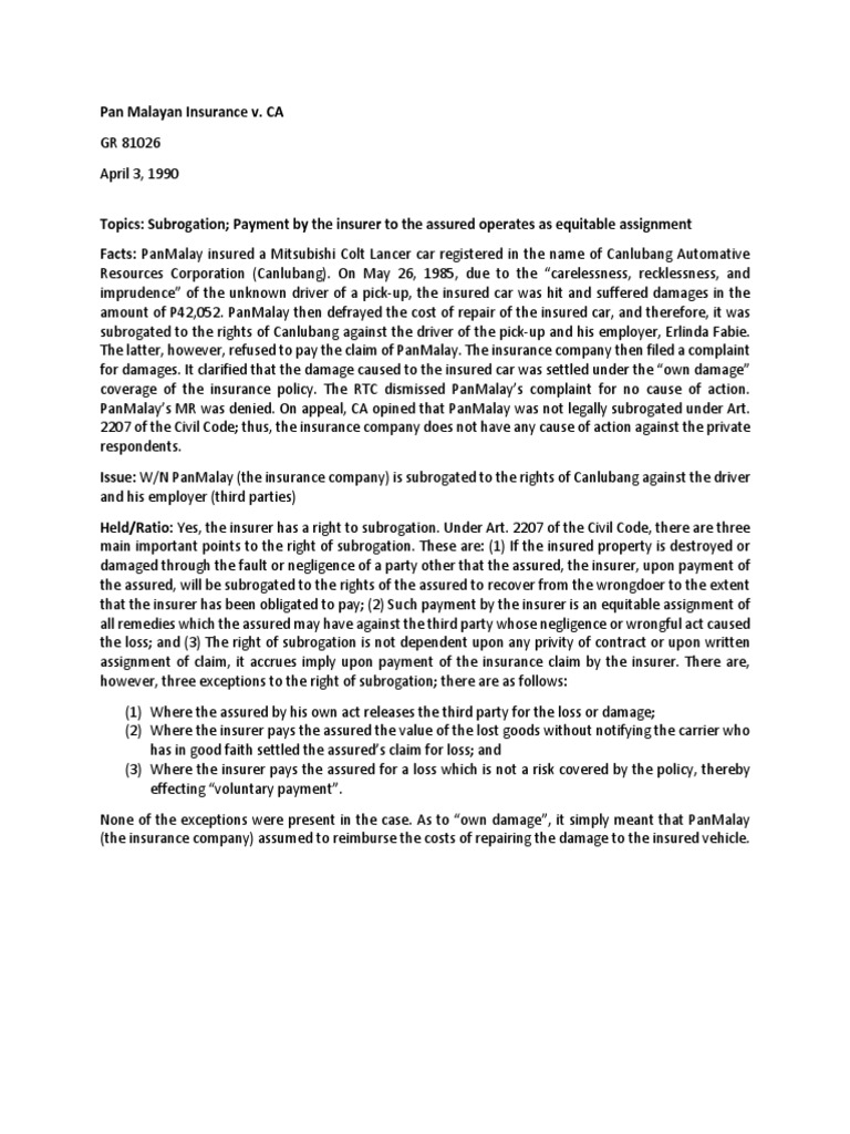 Pan Malayan Insurance V CA | PDF | Subrogation | Cause Of Action