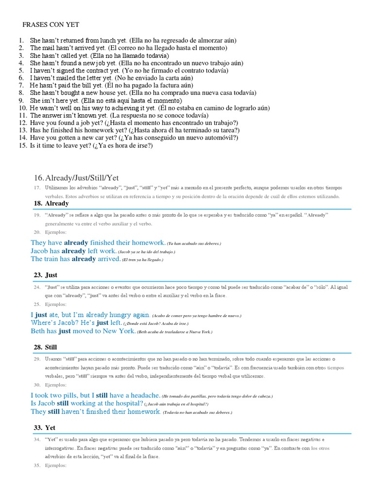 Ejemplos de uso de "yet" y "already" | PDF | Estilo (ficción) | Lingüística