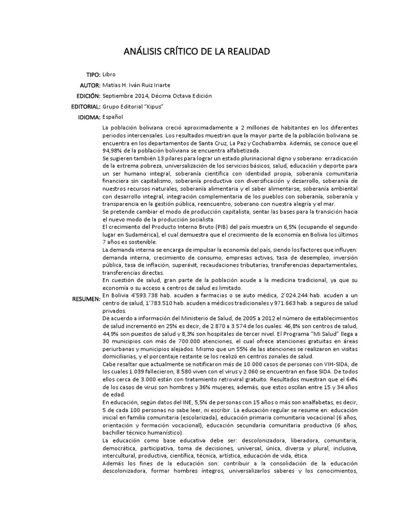 Ficha De Lectura 1 Analisis Critico De La Realidad Pdf Bolivia