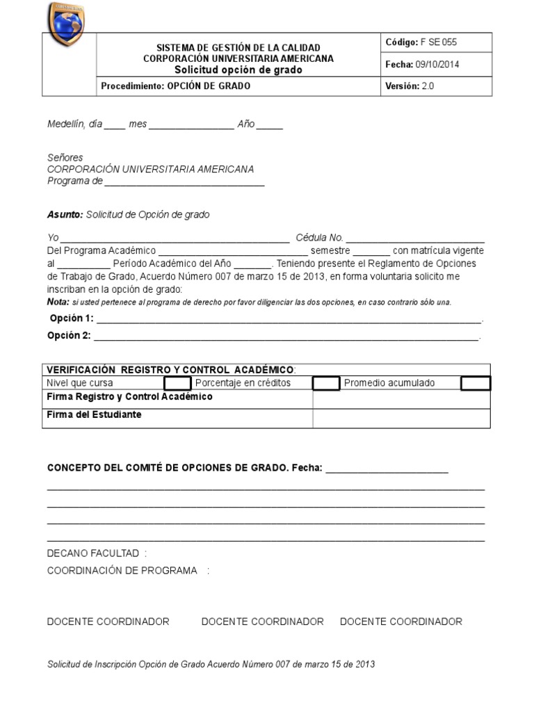 F Se 055 Solicitud Opcion Grado v2 | PDF