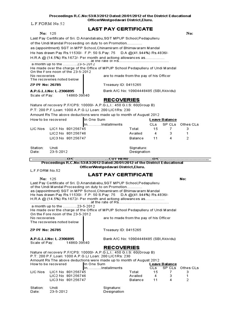 Last Pay Certificate: No: No: L.F.FORM No.52 | PDF | Monetary Economics ...