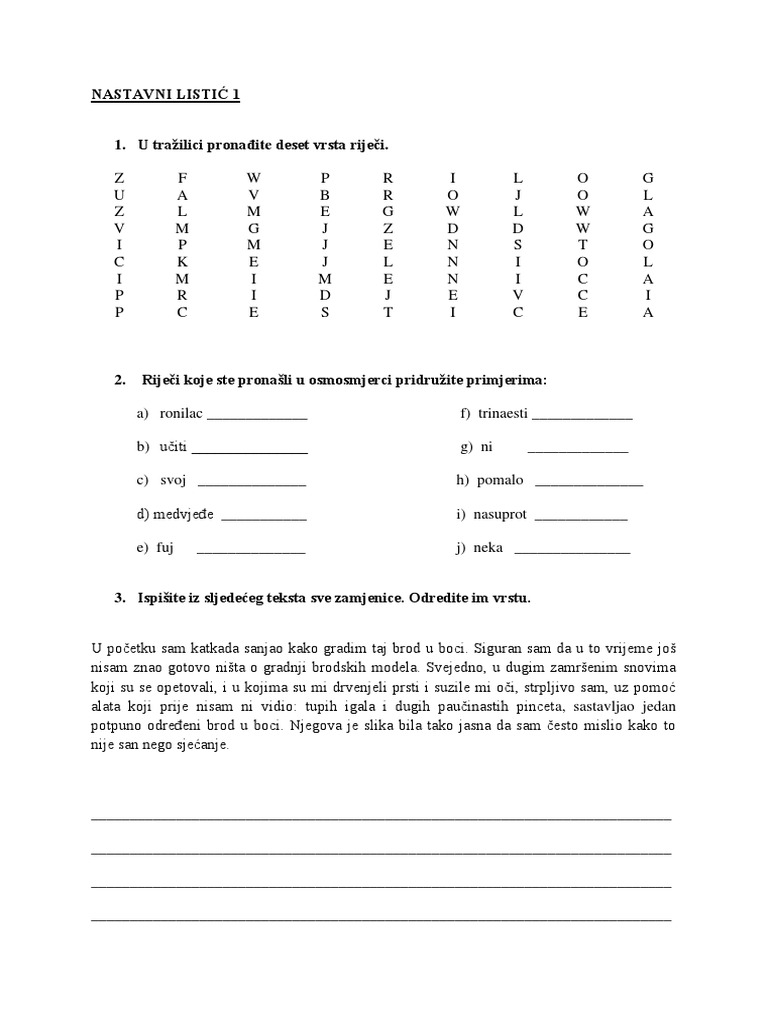 Nastavni Listić Vrste Riječi | PDF