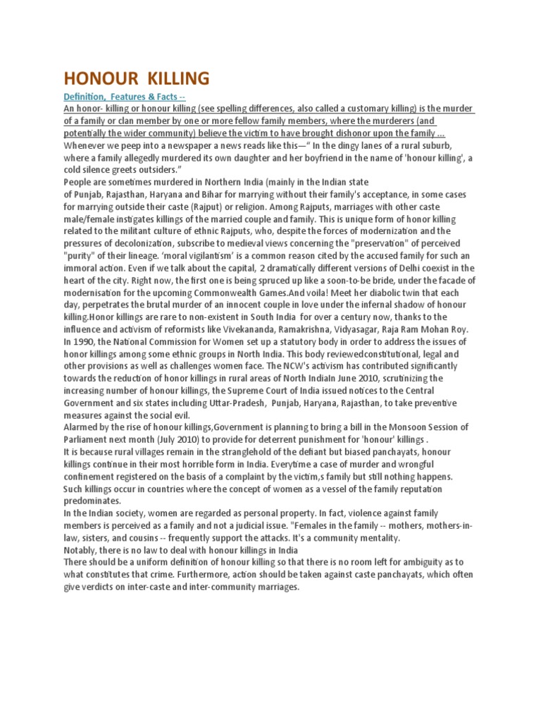 Honour Killing: Definition, Features & Facts | PDF | Caste | Family