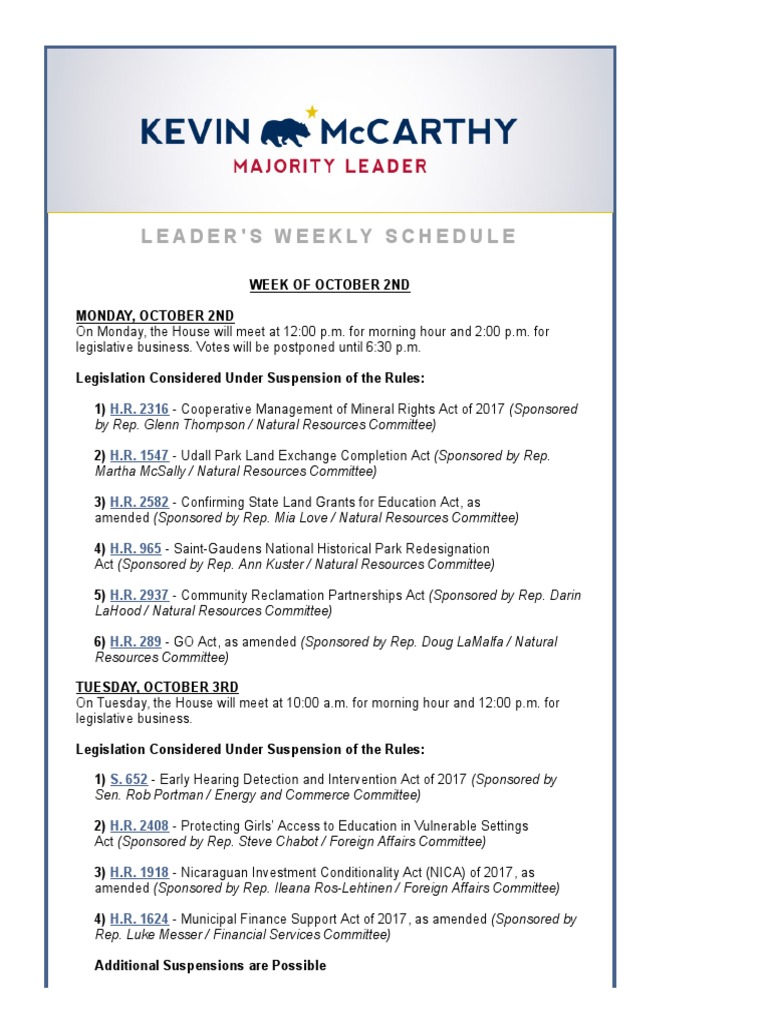Leader Weekly Schedule | PDF | United States House Of Representatives ...