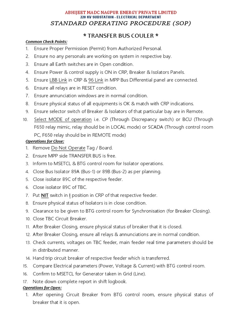 Standard Operating Procedure (Sop) : Transfer Bus Couler | PDF ...