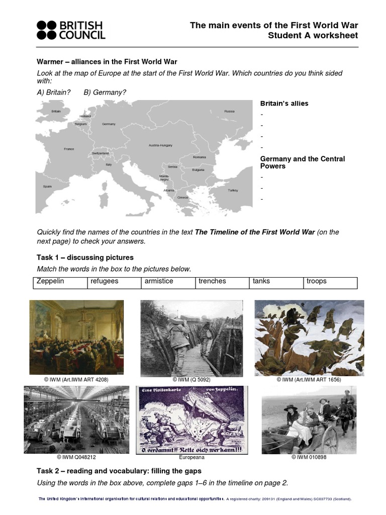 The Main Events of The First World War Worksheet Student A | PDF ...