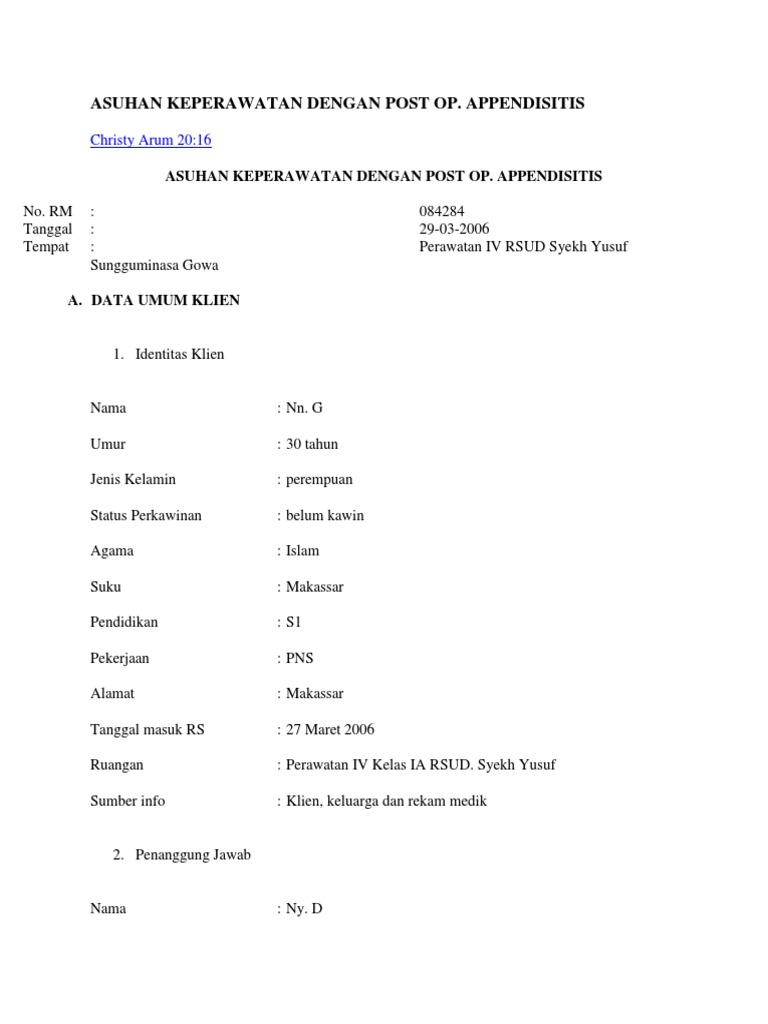Asuhan Keperawatan Dengan Post Op Appendicitis | PDF | Kesehatan Holistik