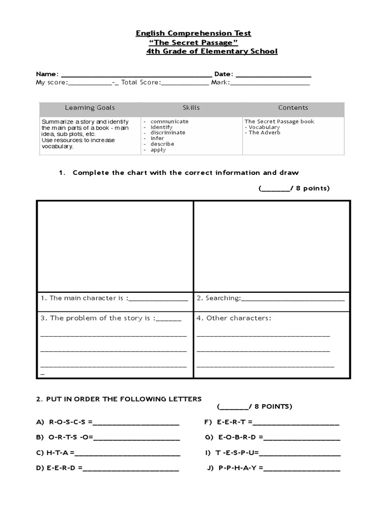 English Comprehension Test "The Secret Passage" 4th Grade of Elementary ...