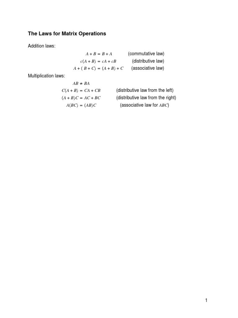 The Laws For Matrix Operations | PDF